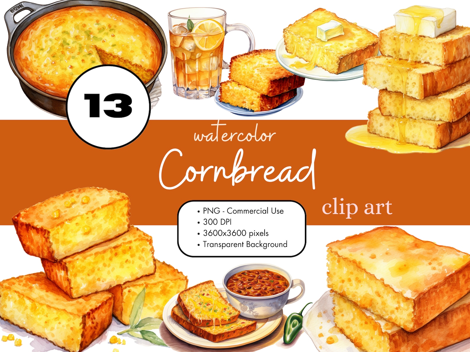 13 Cornbread Thanksgiving Watercolor Clipart PNG Sublimation Bundle ...
