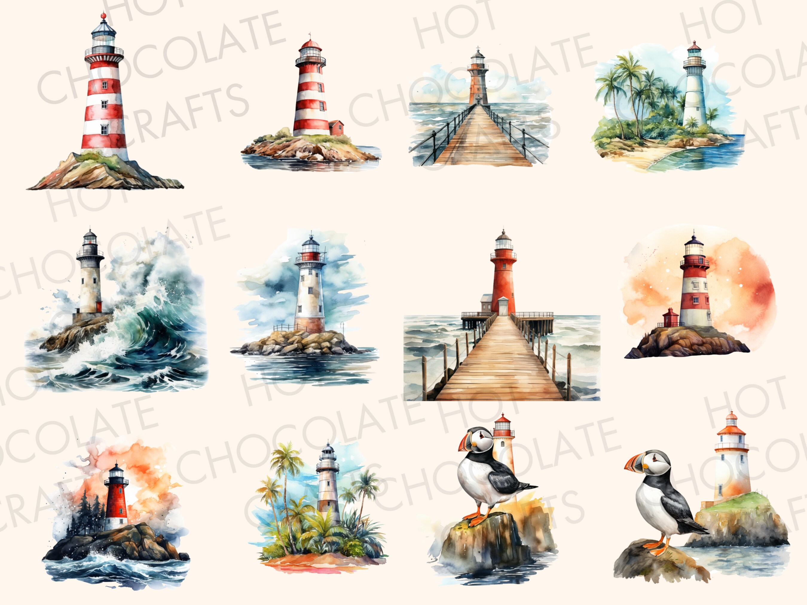 18 Lighthouses Watercolor Clipart Sublimation Bundle PNG Commercial Use ...