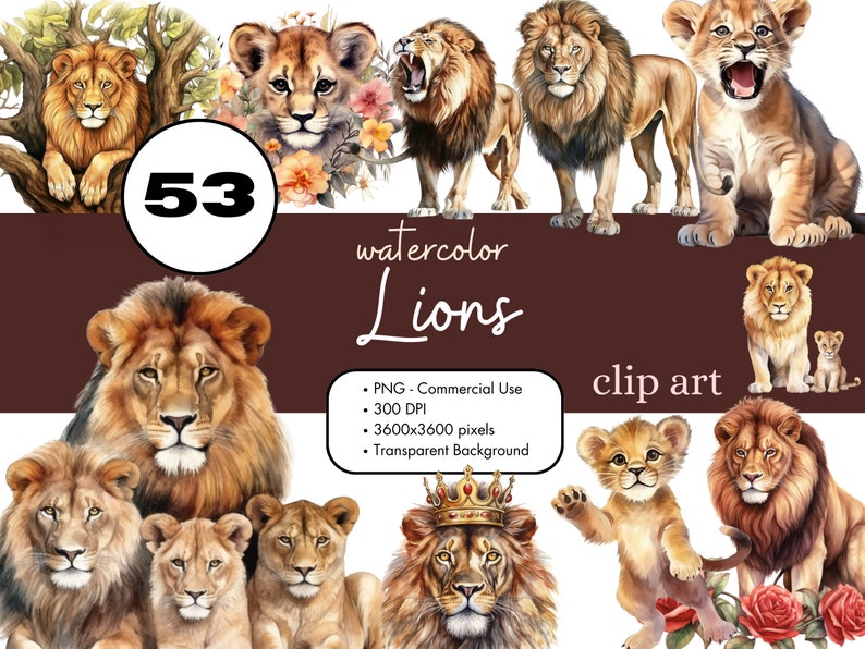 53 Lions Clipart PNG Sublimation Bundle Commercial Use Graphics Vintage ...