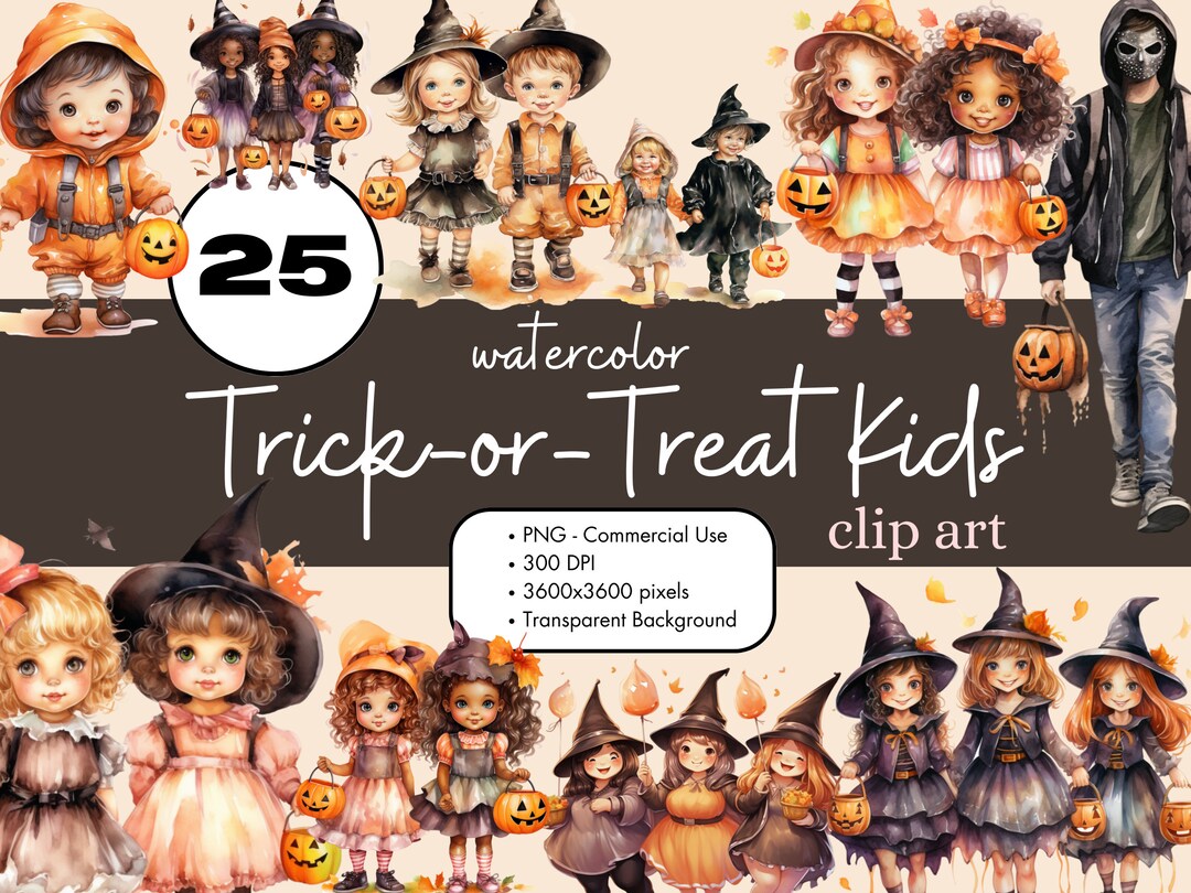 25 Trick or Treat Kids Children People Halloween Watercolor Clipart ...
