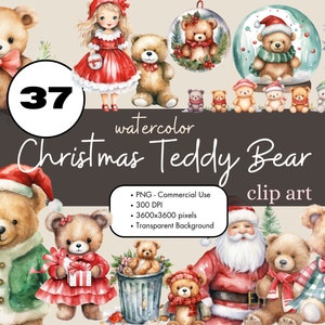 37 Christmas Teddy Bears Watercolor Clipart Sublimation Bundle PNG ...