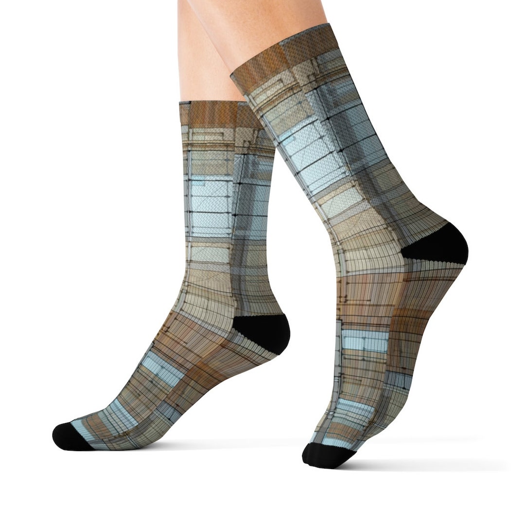 Trendy Pattern Socks, Blue Brown Architectural Fun Colorful Socks ...