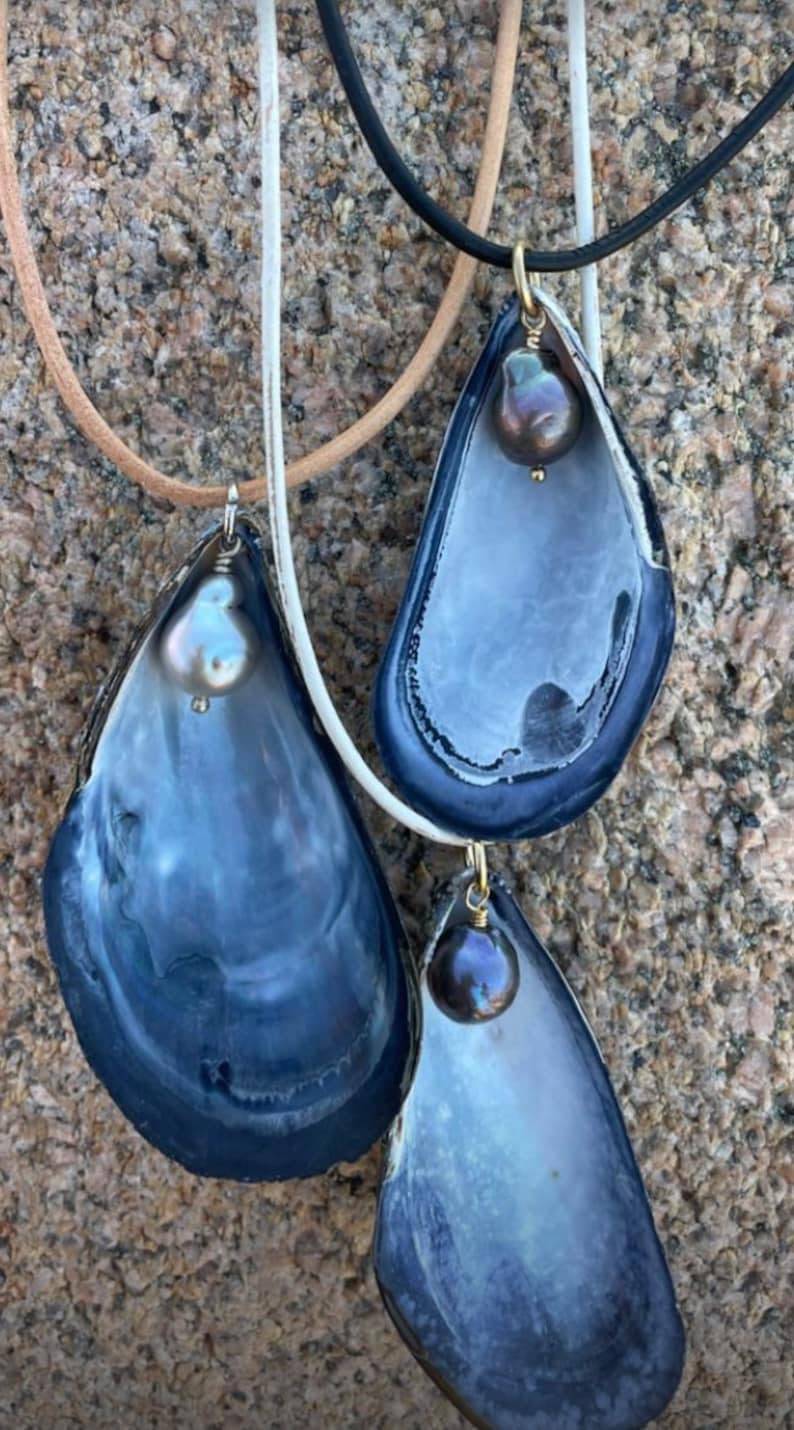 Block Island Blue Mussel Shell Necklaces With Pearl Charm - Etsy