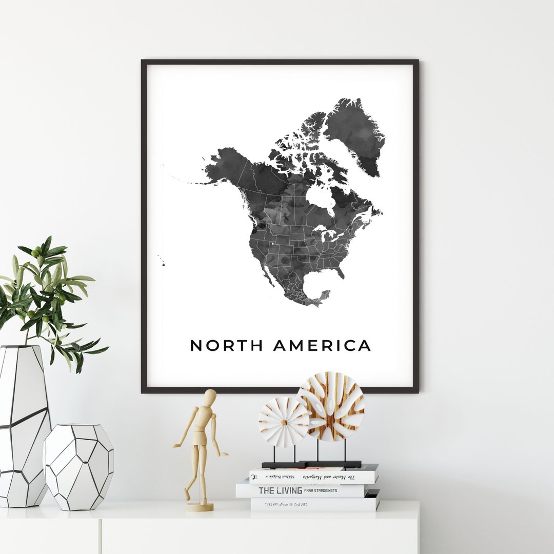 North America Map Art Poster, Black and White Wall Art Print of North ...