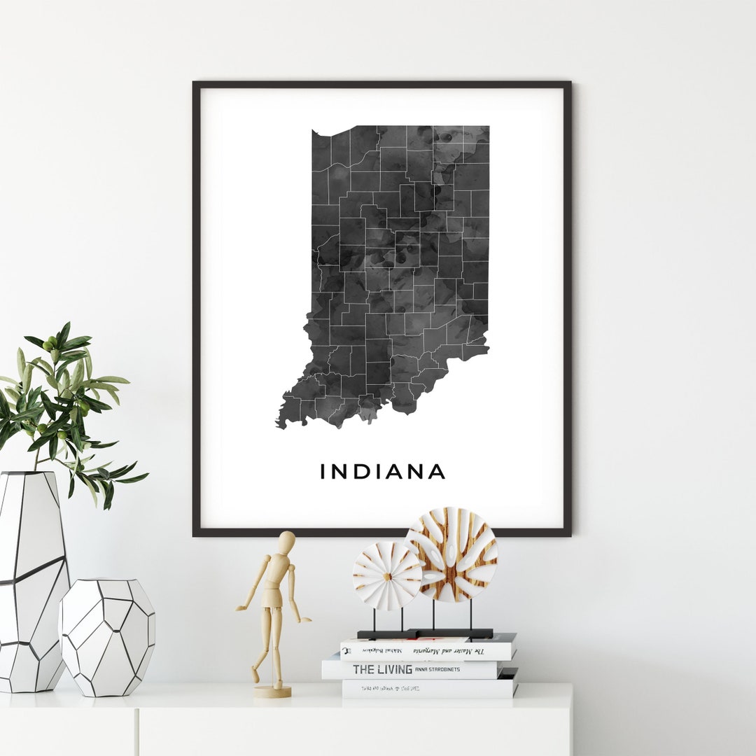 Indiana Map Art Poster, Black and White Wall Art Print of Indiana, Gift ...