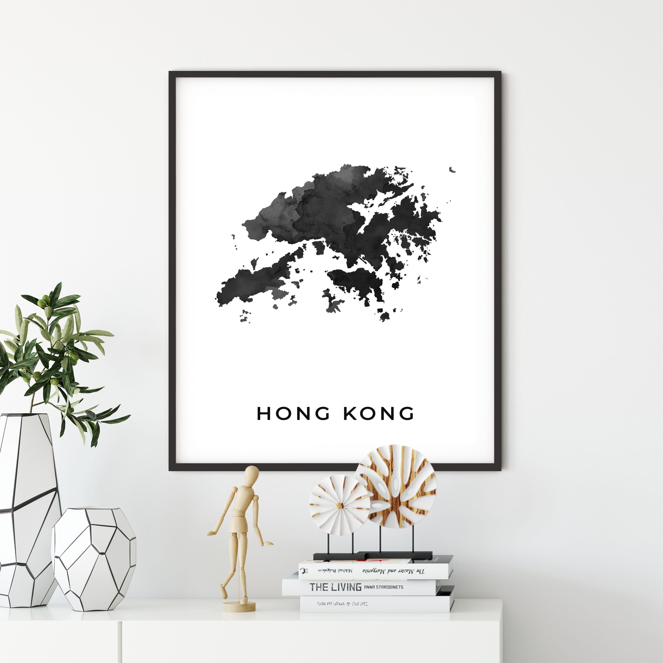 Hong Kong map art poster black and white wall art print of | Etsy