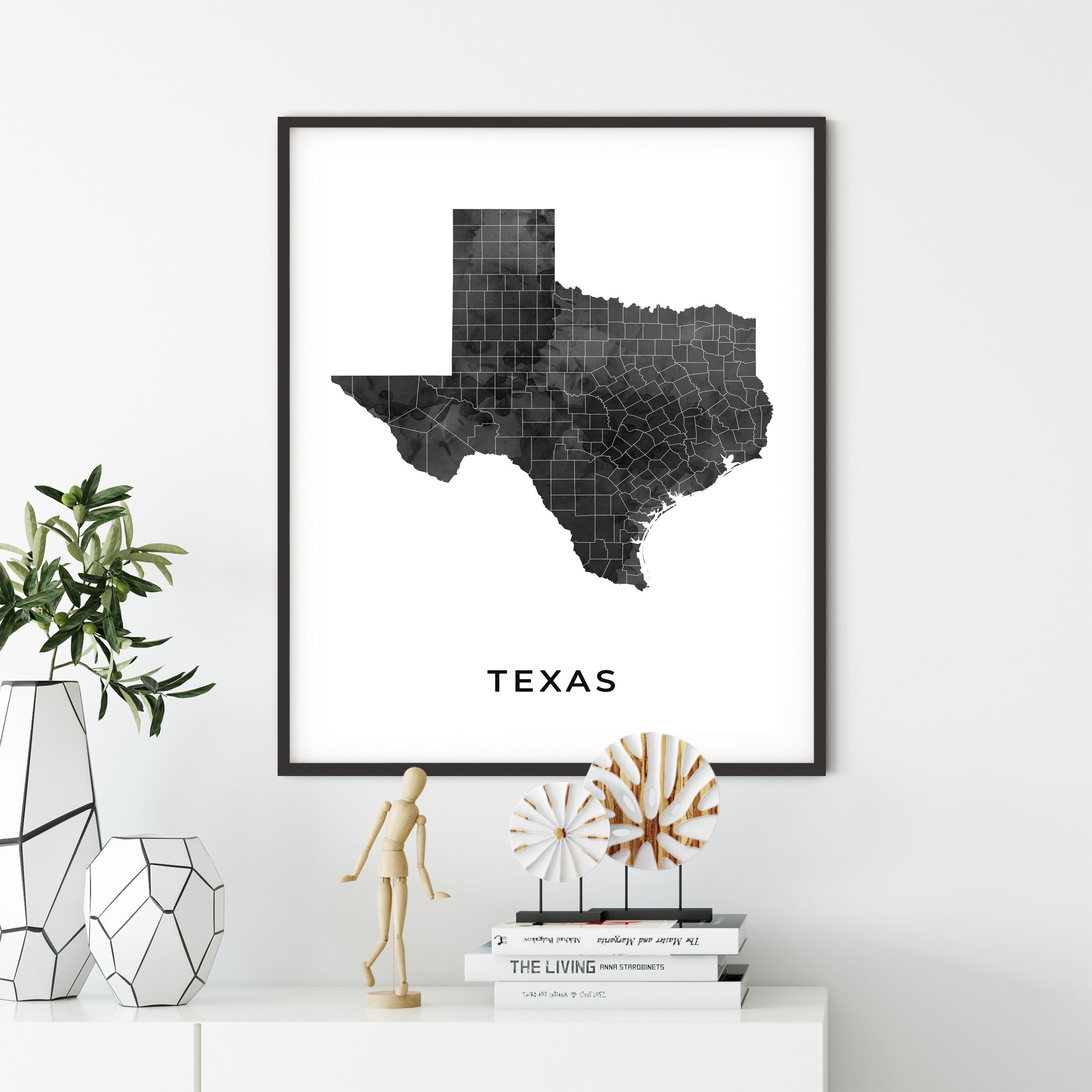Texas Map Art Poster Black and White Wall Art Print of Texas - Etsy