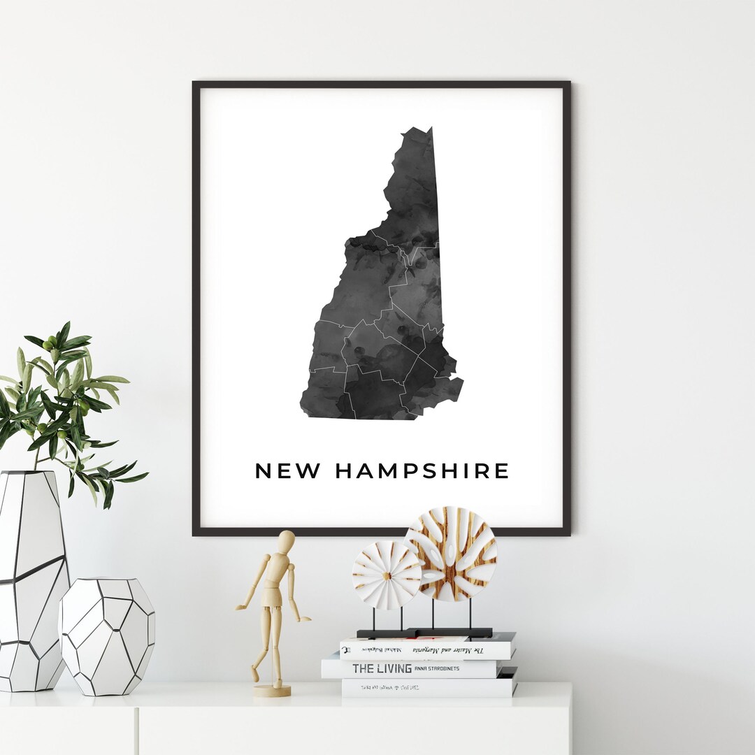 New Hampshire Map Art Poster, Black and White Wall Art Print of New ...