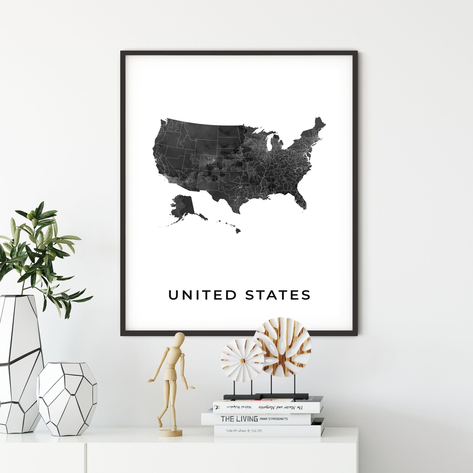United States Map Art Poster, Black and White Wall Art Print of United ...
