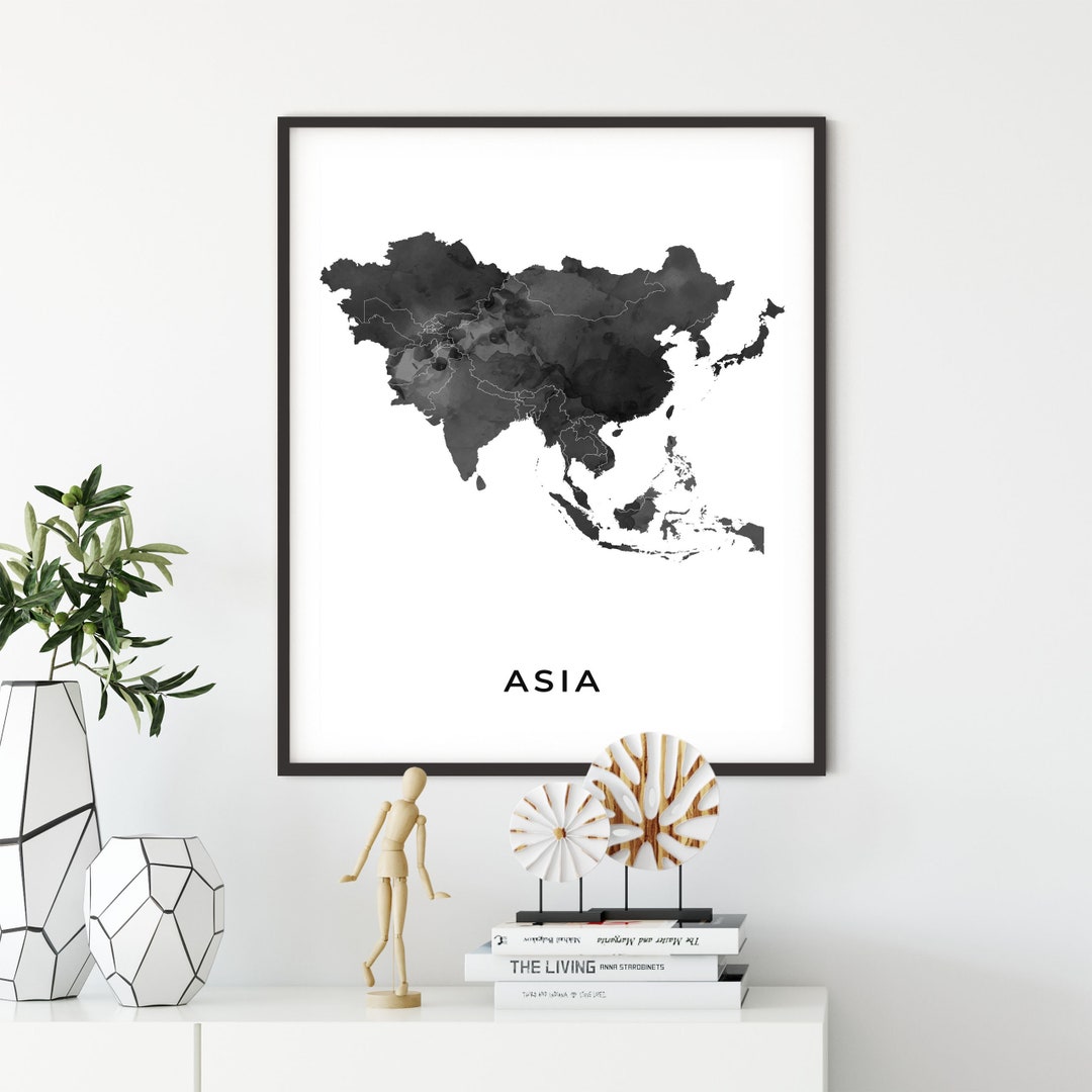 Asia Map Art Poster, Black and White Wall Art Print of Asia, Gift Idea ...
