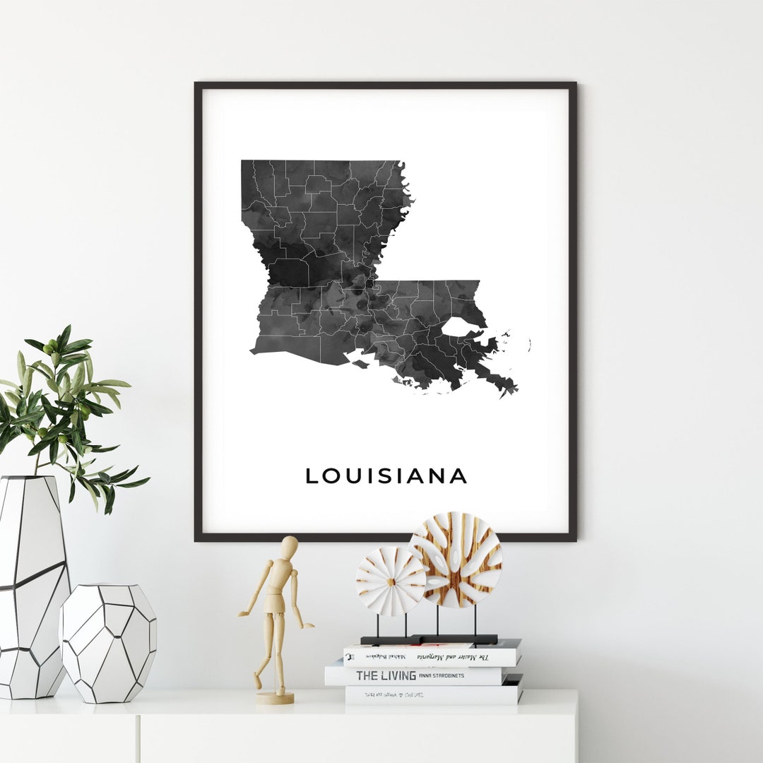 Louisiana Map Art Poster, Black and White Wall Art Print of Louisiana ...
