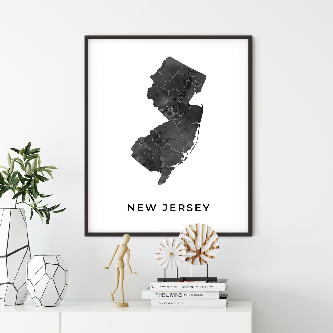 New Jersey Map Art Poster, Black and White Wall Art Print of New Jersey ...