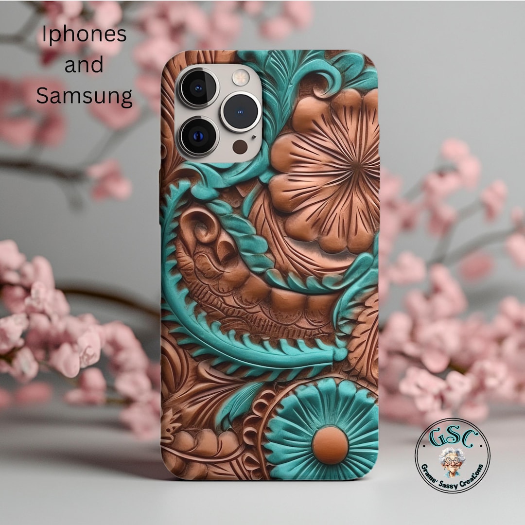 Phone Case Western Cowgirl Leather Look Floral Turquoise Country Tough ...