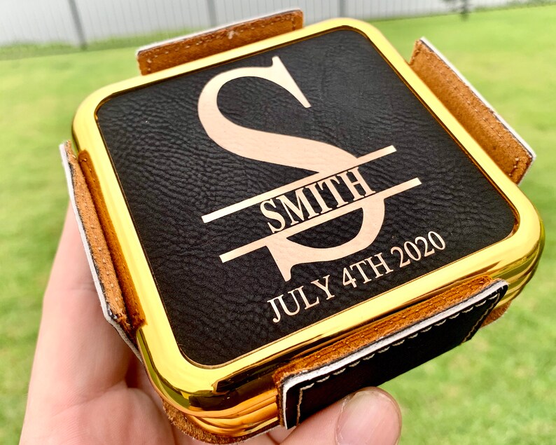 Personalized Coasters, Square 4 Coaster Set With Holder, Leather ...
