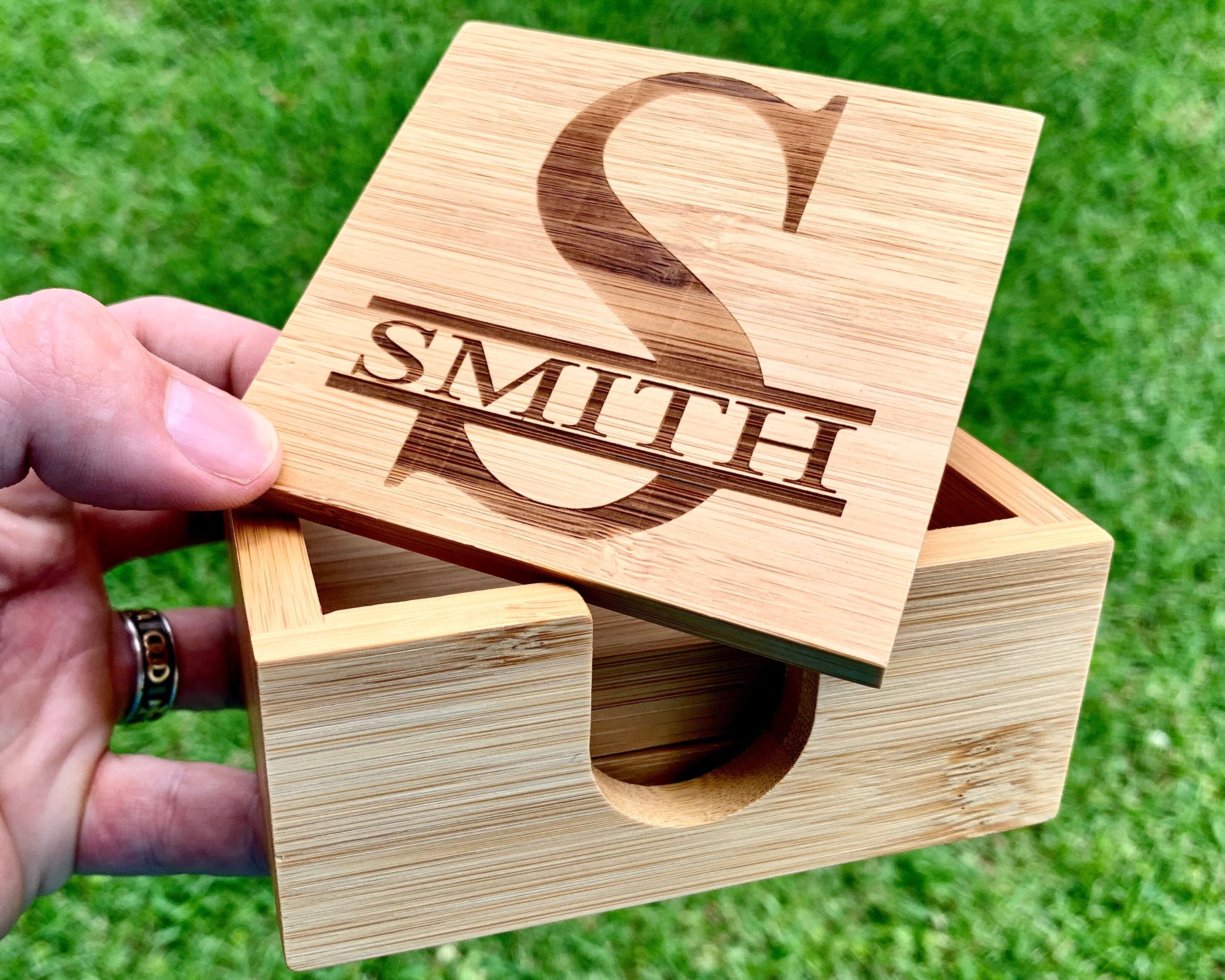 Personalized Coaster Set of 4 Coasters With Holder Custom Coasters Wood ...