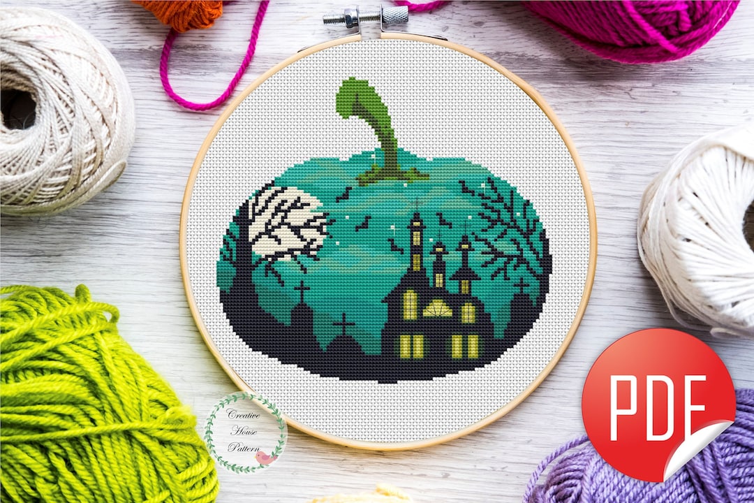 Halloween Pumpkin Cross Stitch Pattern PDF, Spooky Haunted House ...
