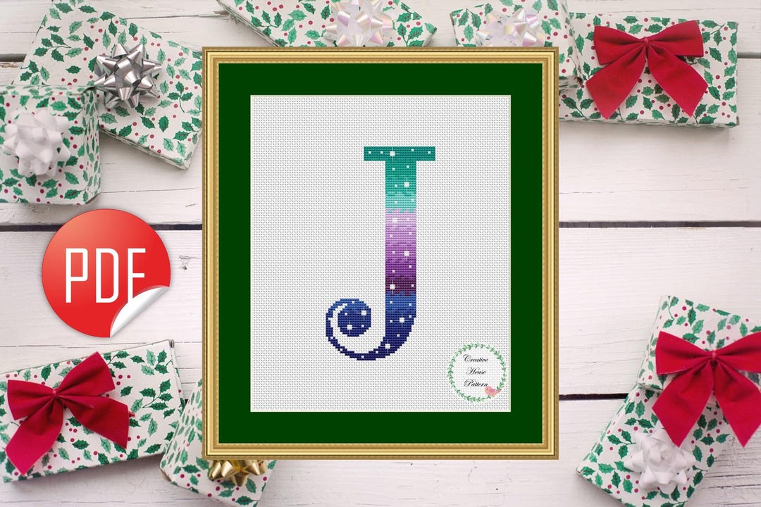 Letter J Starry Sky Cross Stitch Pattern: Elegant Monogram (PDF ...