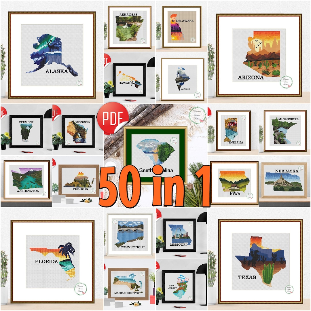 US States Cross Stitch Patterns 50 in 1 Set, Nature Counted Cross ...