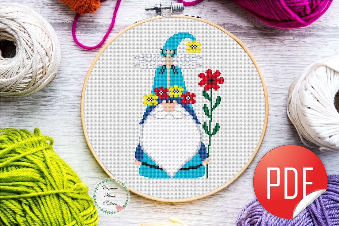 Gnome Cross Stitch Pattern, Gnome With Dragonfly Modern Counted Cross ...