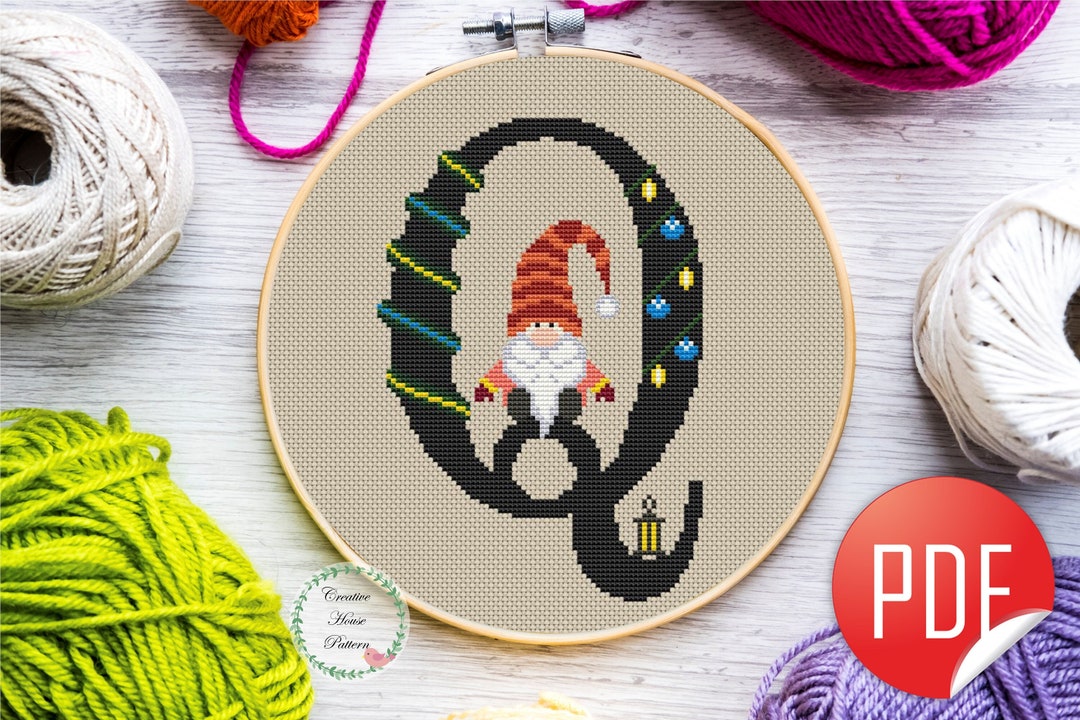 Letter Q Cross Stitch Pattern, Christmas Gnome Cross Stitch, Monogram Q ...