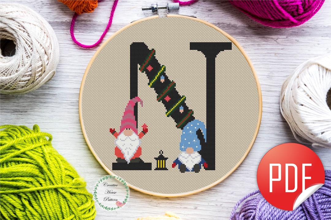 Letter N Cross Stitch Pattern, Сhristmas Gnomes, Modern Counted Cross ...