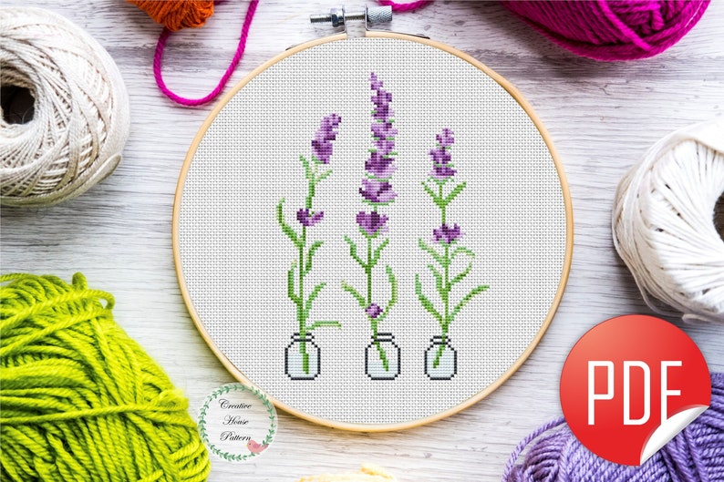 Lavender Flower Cross Stitch Pattern: Modern Embroidery (PDF Download ...