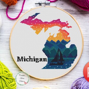 Michigan State Cross Stitch Pattern: Scenic Landscape Embroidery ...