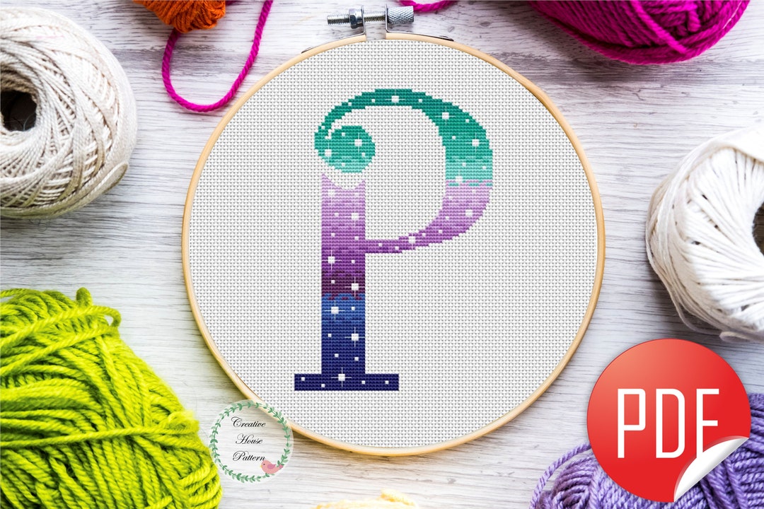 Letter P Starry Night Landscape Cross Stitch Pattern – Modern Monogram ...