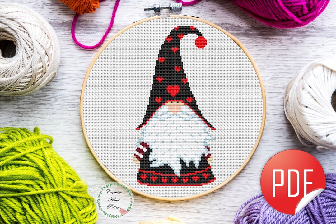 Valentine Gnome Cross Stitch Pattern - Cute PDF Gnome Embroidery Chart ...