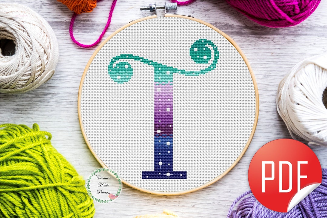Letter T Starry Night Landscape Cross Stitch Pattern - PDF Download ...