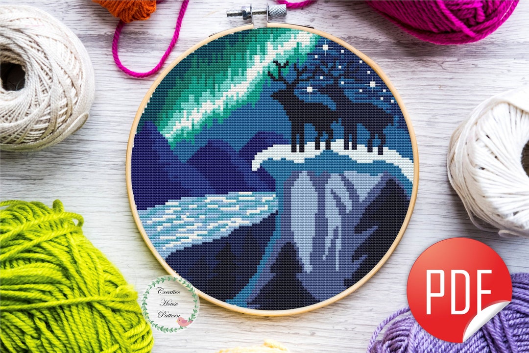 Northern Lights Cross Stitch Pattern: Aurora Borealis Landscape (PDF ...