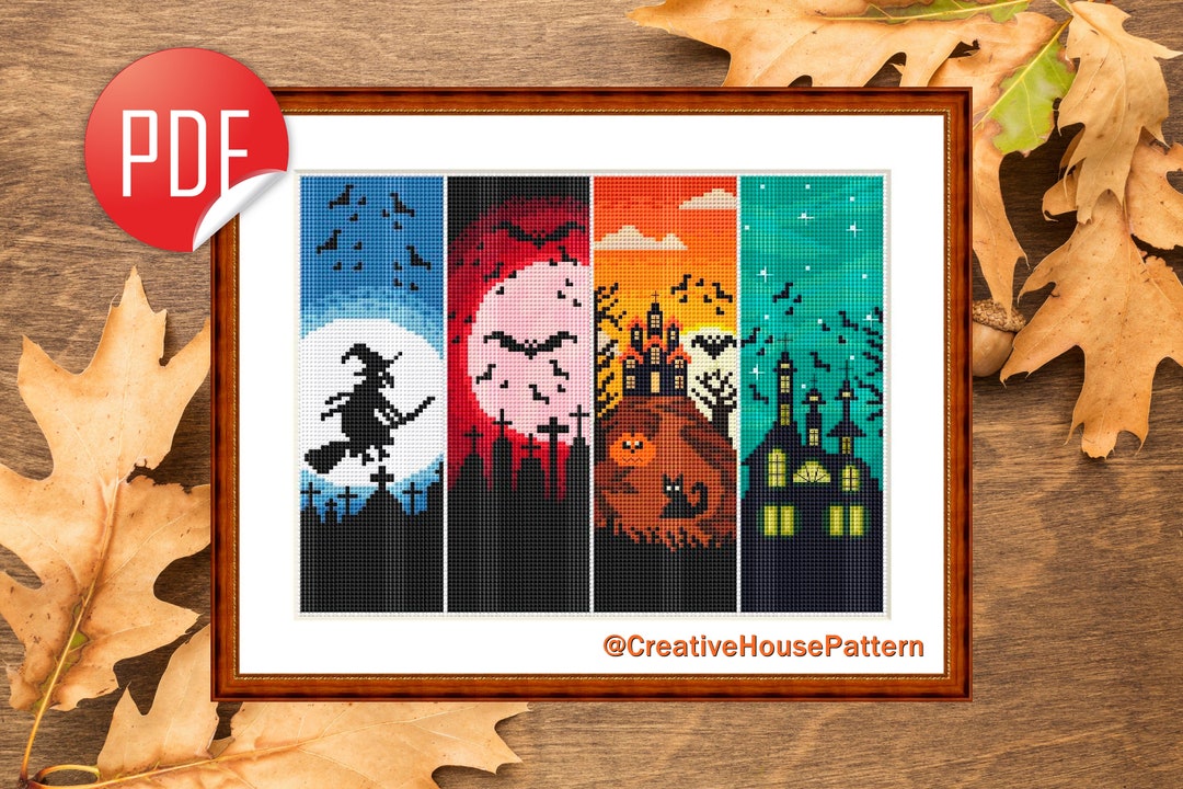 Halloween Bookmarks Cross Stitch Pattern SET, Witch Cross Stitch ...