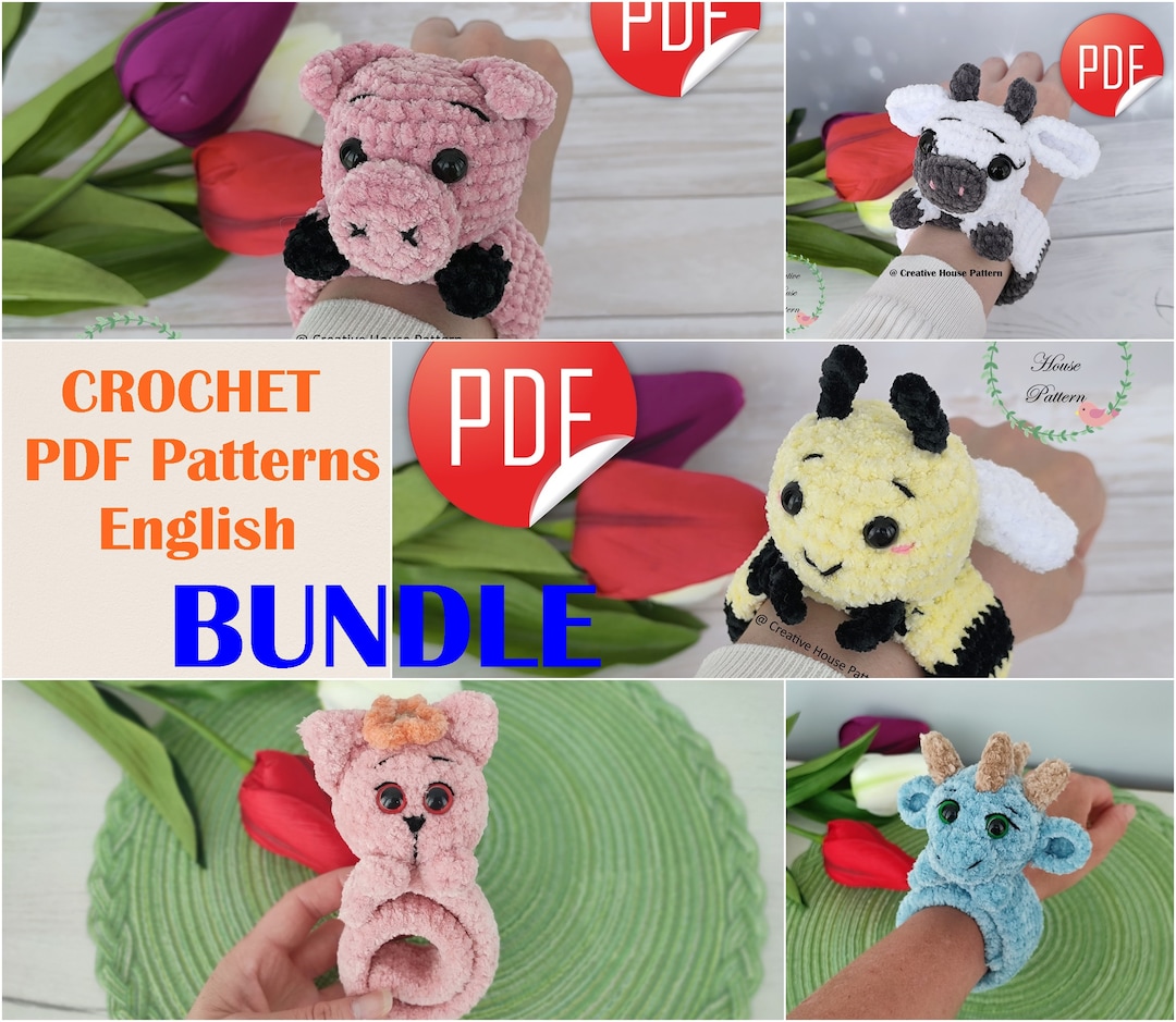 Crochet Slap Bracelet Pattern in English Bundle: Cow, Pig, Bee, Cat ...