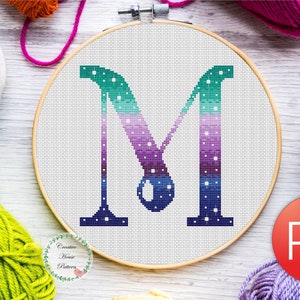 Letter M Cross Stitch Pattern, Starry Night Sky Scene Embroidery, PDF ...