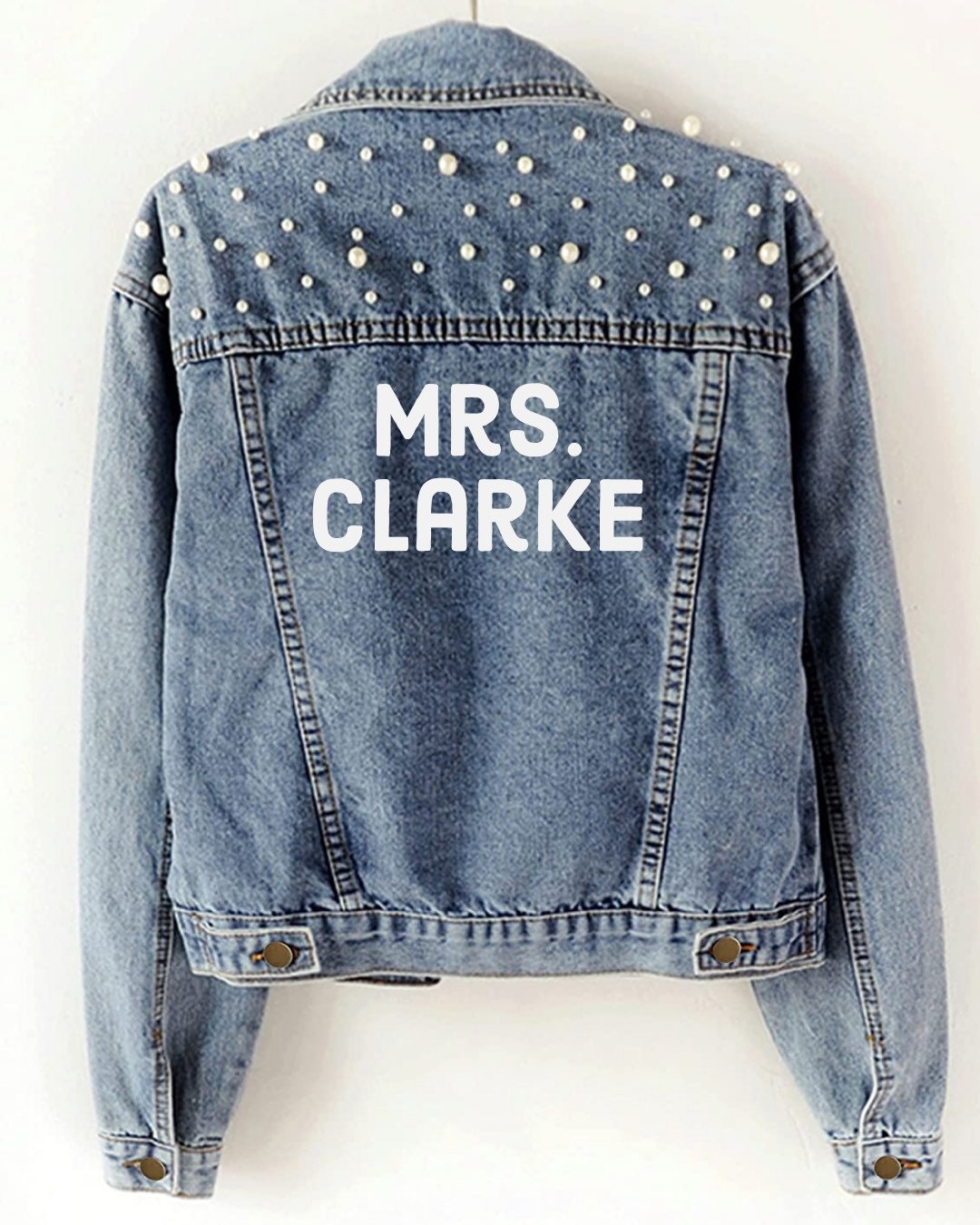 Mrs. Custom Embellished Jean Jacket | Pearl Denim Jacket | Bridal Gift ...