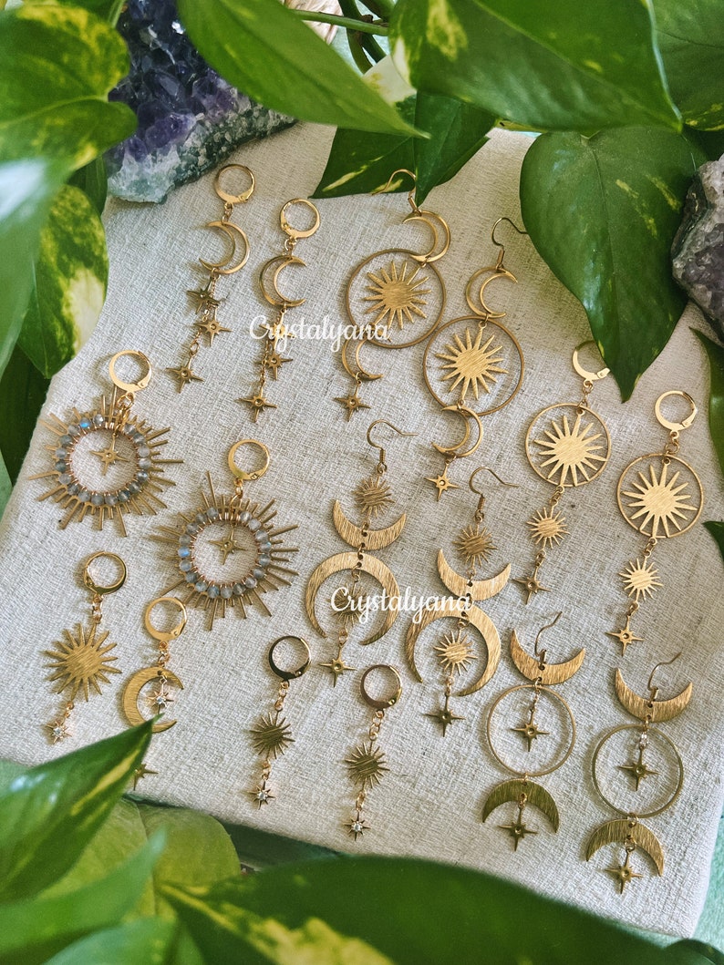14K Gold Plated Sun & Moon Earrings • Mixed Metal Asymmetrical ...