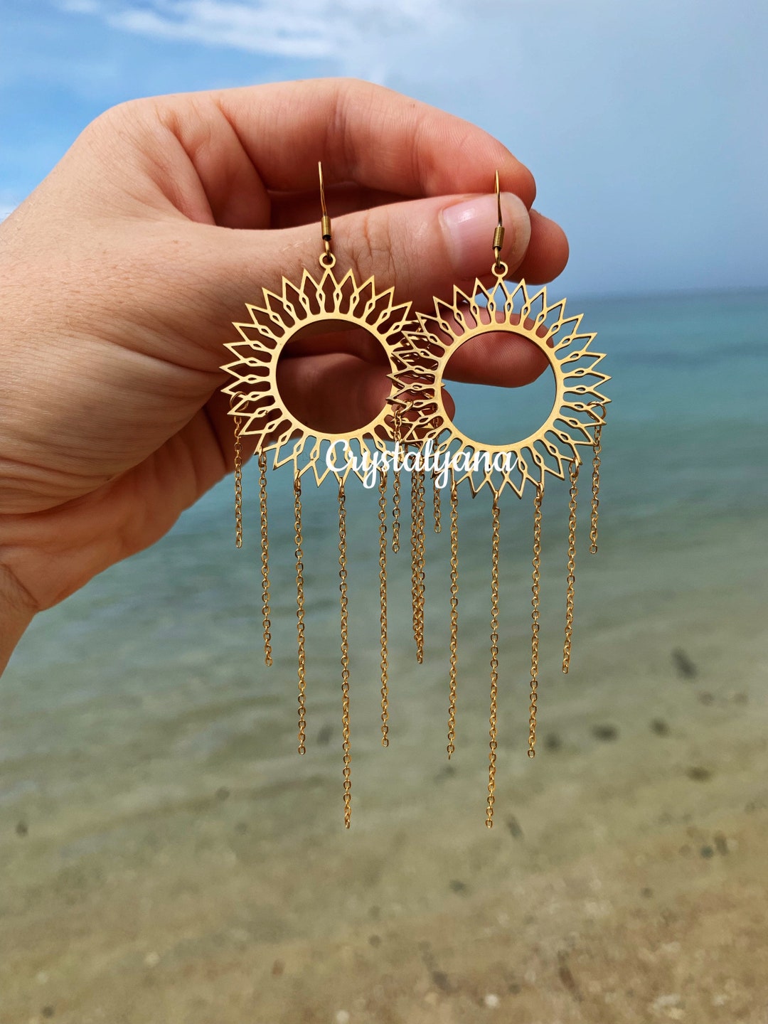 Stainless Steel Sunshine Sun Rays Earrings Long Tassel Chain - Etsy