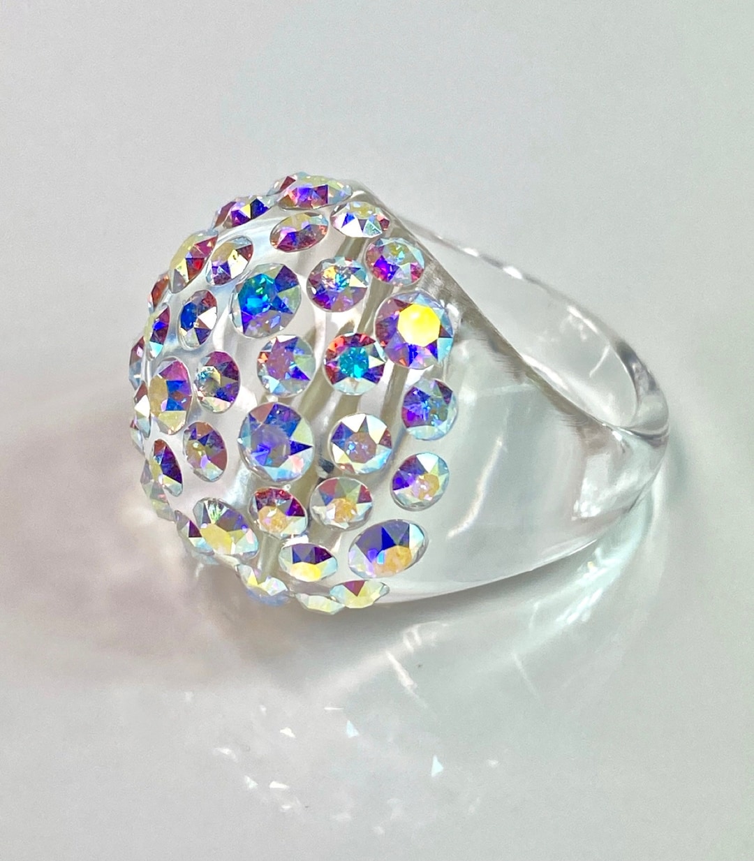 Aurora Borealis Crystal Dome Ring, Iridescent Ring, Clear Lucite Ring ...