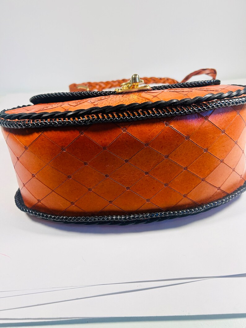 Genuine Leather Hand Tooled Embossed Handbag Brown Roses Flowers Black ...