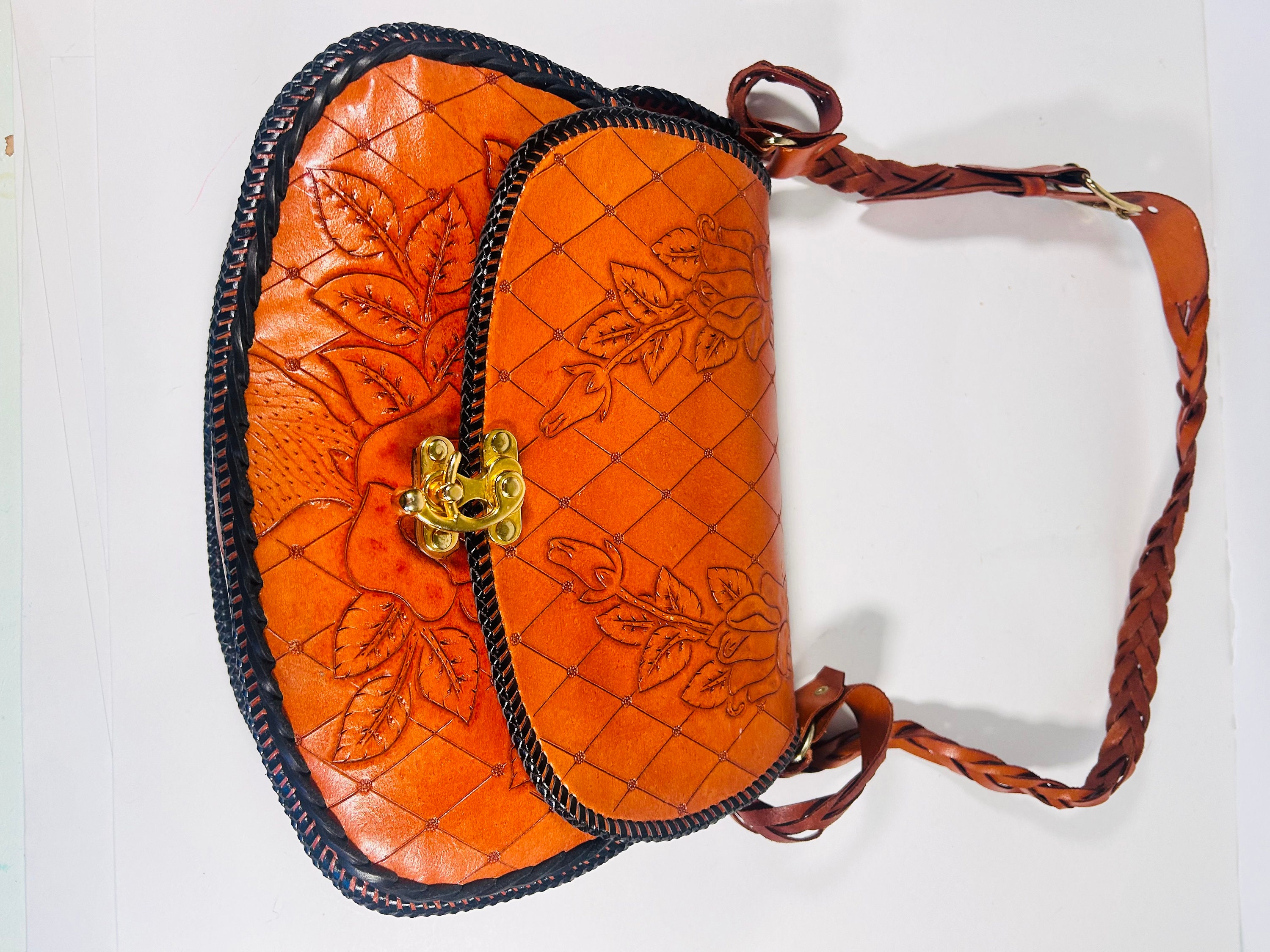 Genuine Leather Hand Tooled Embossed Handbag Brown Roses Flowers Black ...