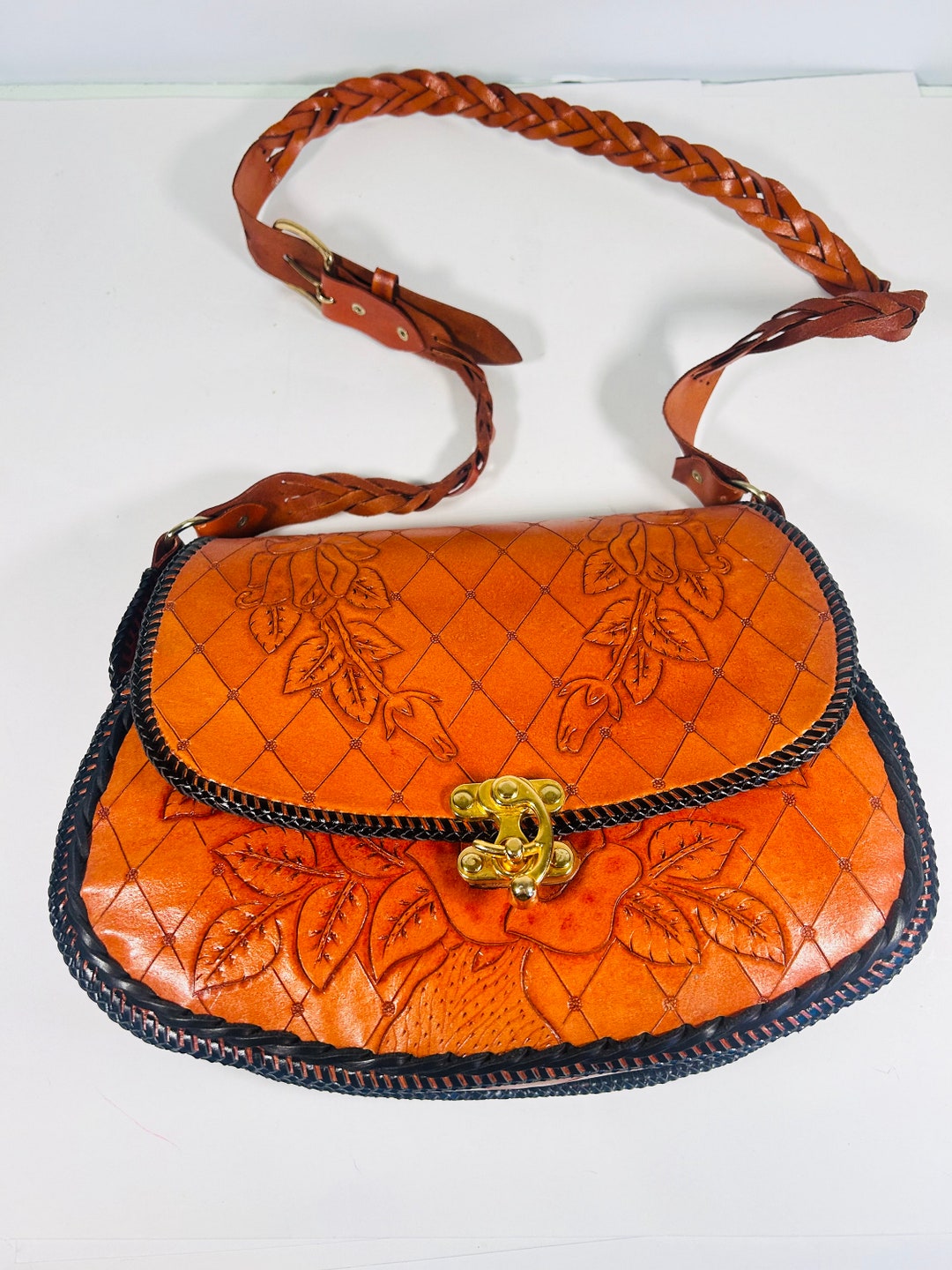 Genuine Leather Hand Tooled Embossed Handbag Brown Roses Flowers Black ...