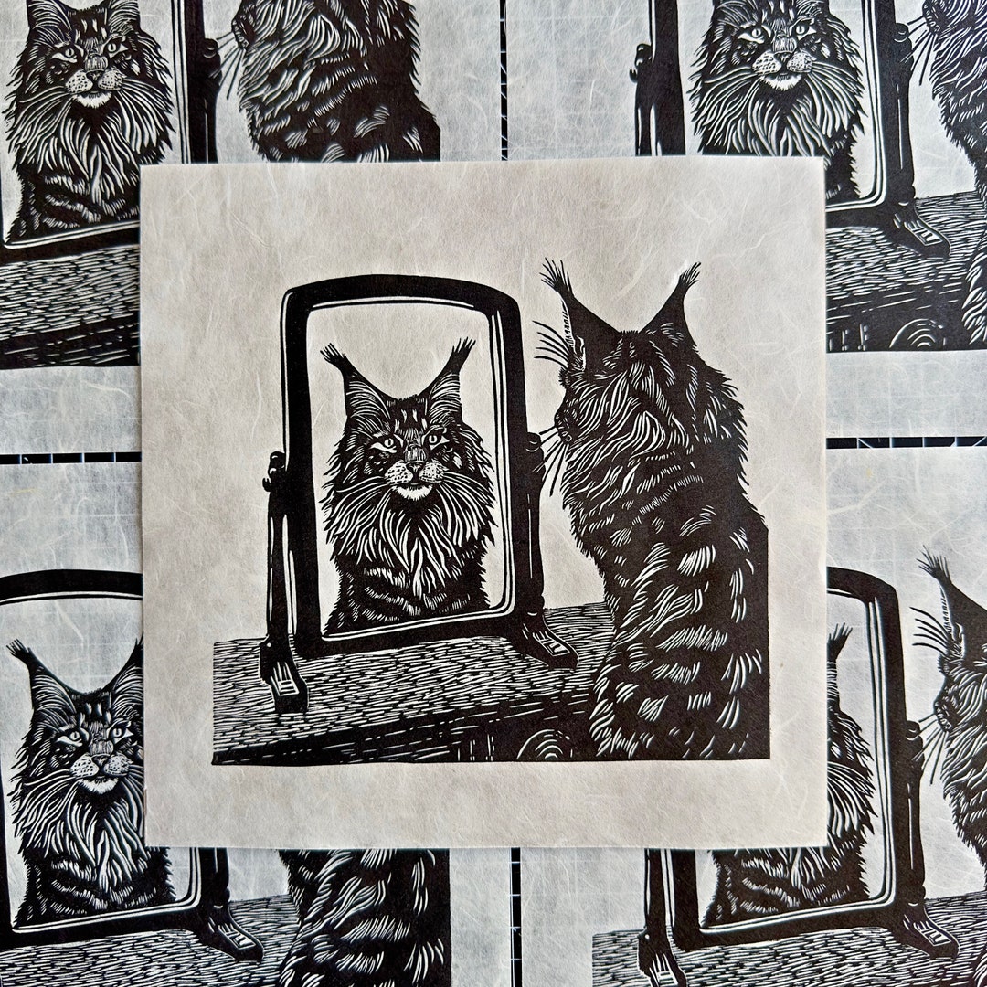 Linocut paws for Reflection . Maine Coon Cat Looking at the Mirror ...