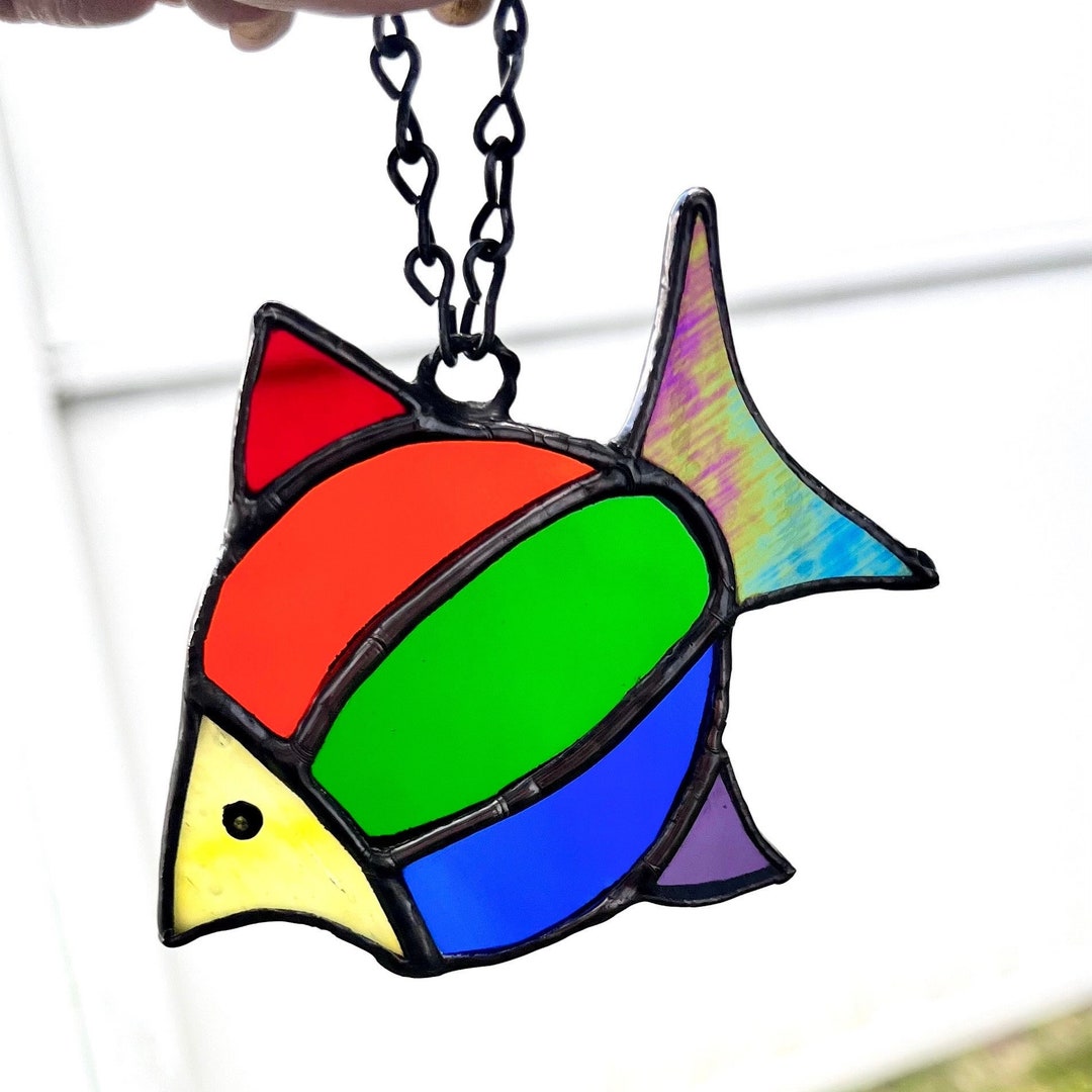 Pride Flag Suncatcher Rainbow Fish LGBTQ Gift Stained Glass Home Decor ...