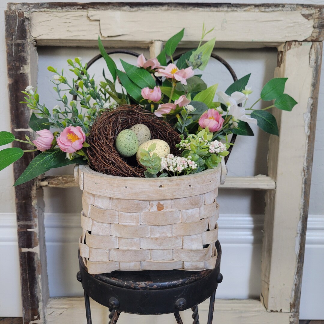 Spring Easter Garden Basket With Nest Home Decor Small Silk Faux Flower ...