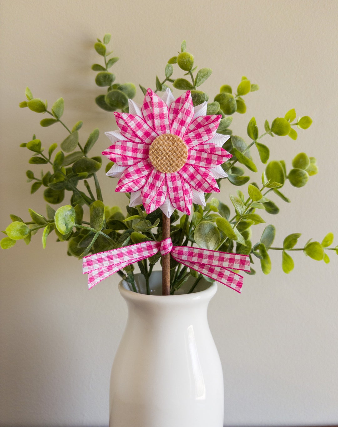 Bright Pink and White Gingham Flower Pick, Pink Daisy, Pastel Flowers ...