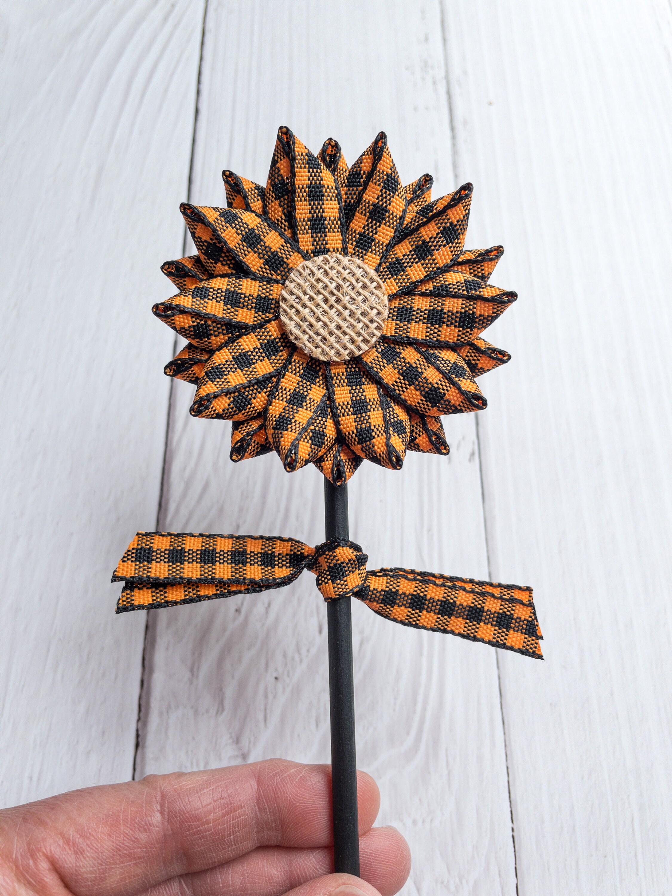 Orange and Black Plaid Flower Pick, Fall Gingham Decor, Autumn Flowers ...