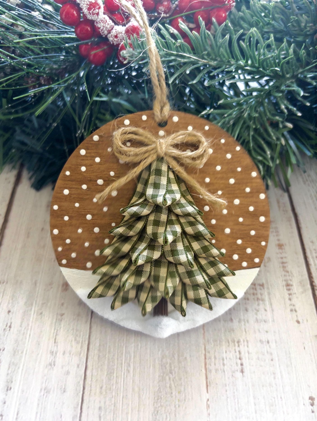 Snowy Woods Wood Ornament: Plaid Ribbon Tree, Farmhouse Christmas Decor - Etsy