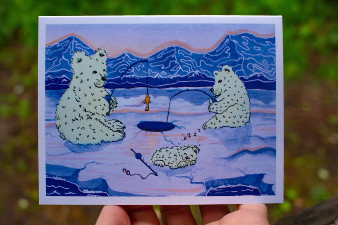 Alaskan Wildlife Card | Polar Bears Ice Fishing Art | A2 Greeting Card ...