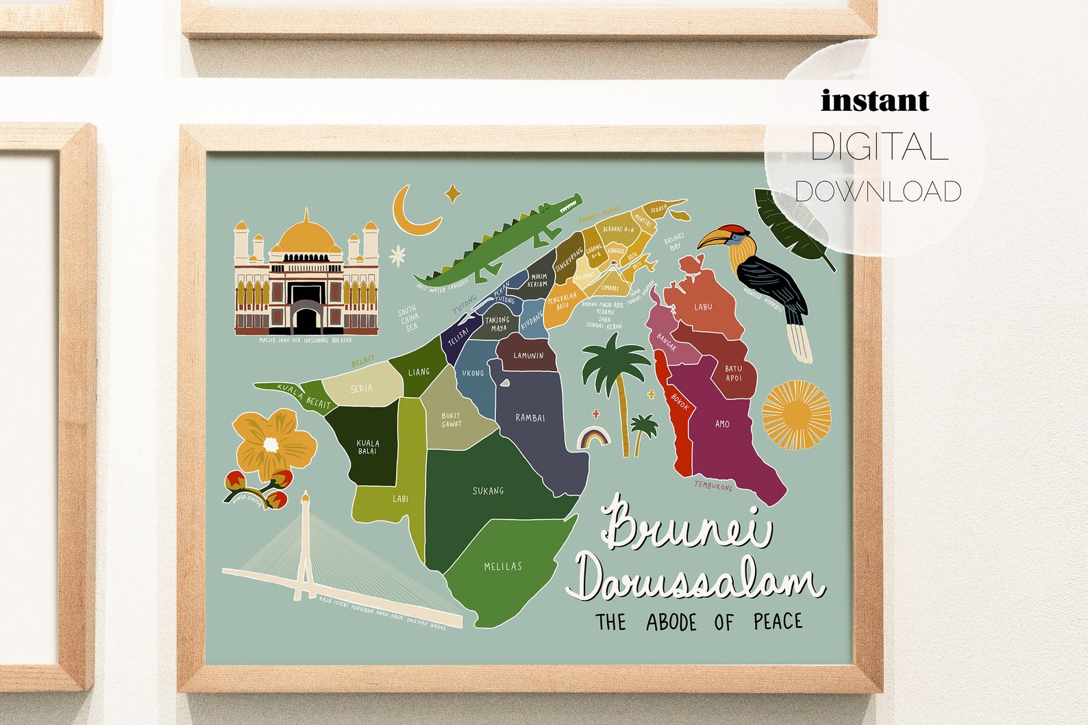 Brunei Darussalam, Borneo, Illustrated Map Art Digital Download ...