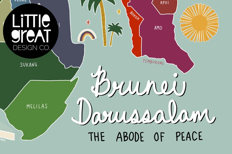 Brunei Darussalam, Borneo, Illustrated Map Art | Digital Download ...